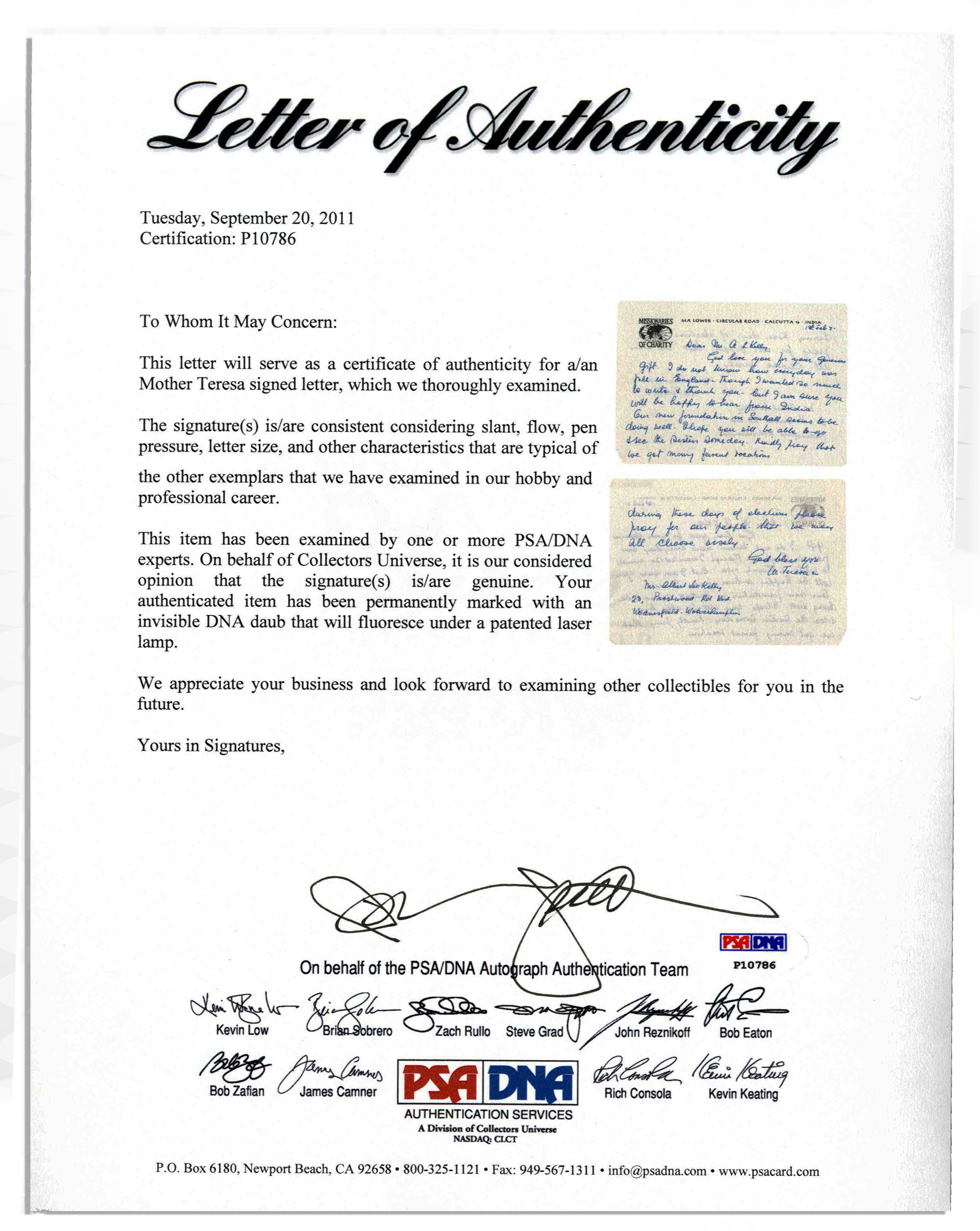 Sell an Autographed Mother Teresa Signed Letter at Nate Sanders Auctions