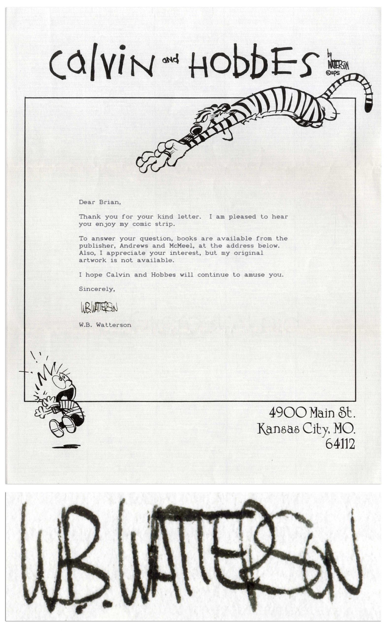 Sell Calvin & Hobbes Bill Watterson Autograph at Nate D. Sanders Auctions