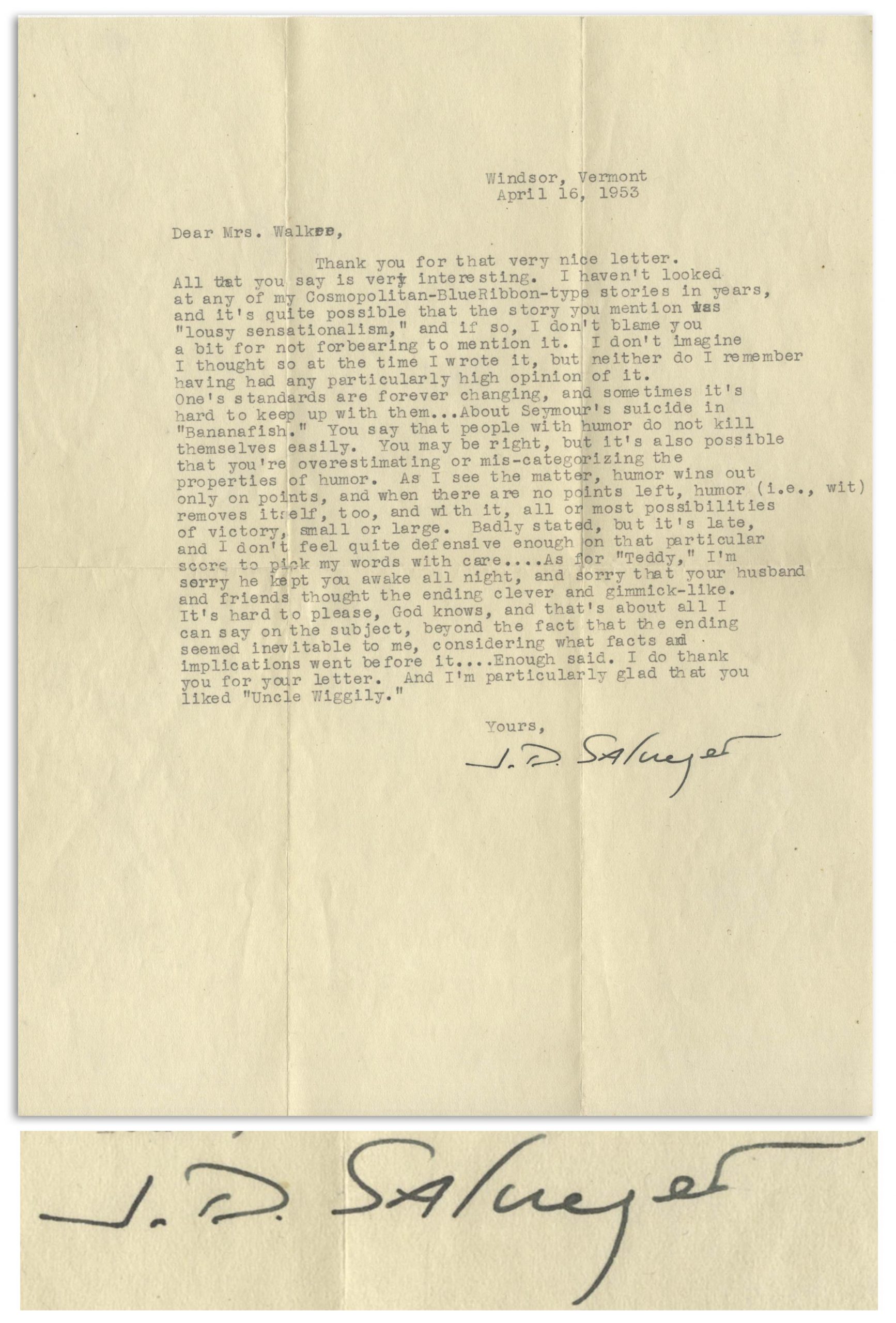 Sell or Auction Your J.D. or JD Salinger Typed Letter Signed Autographed