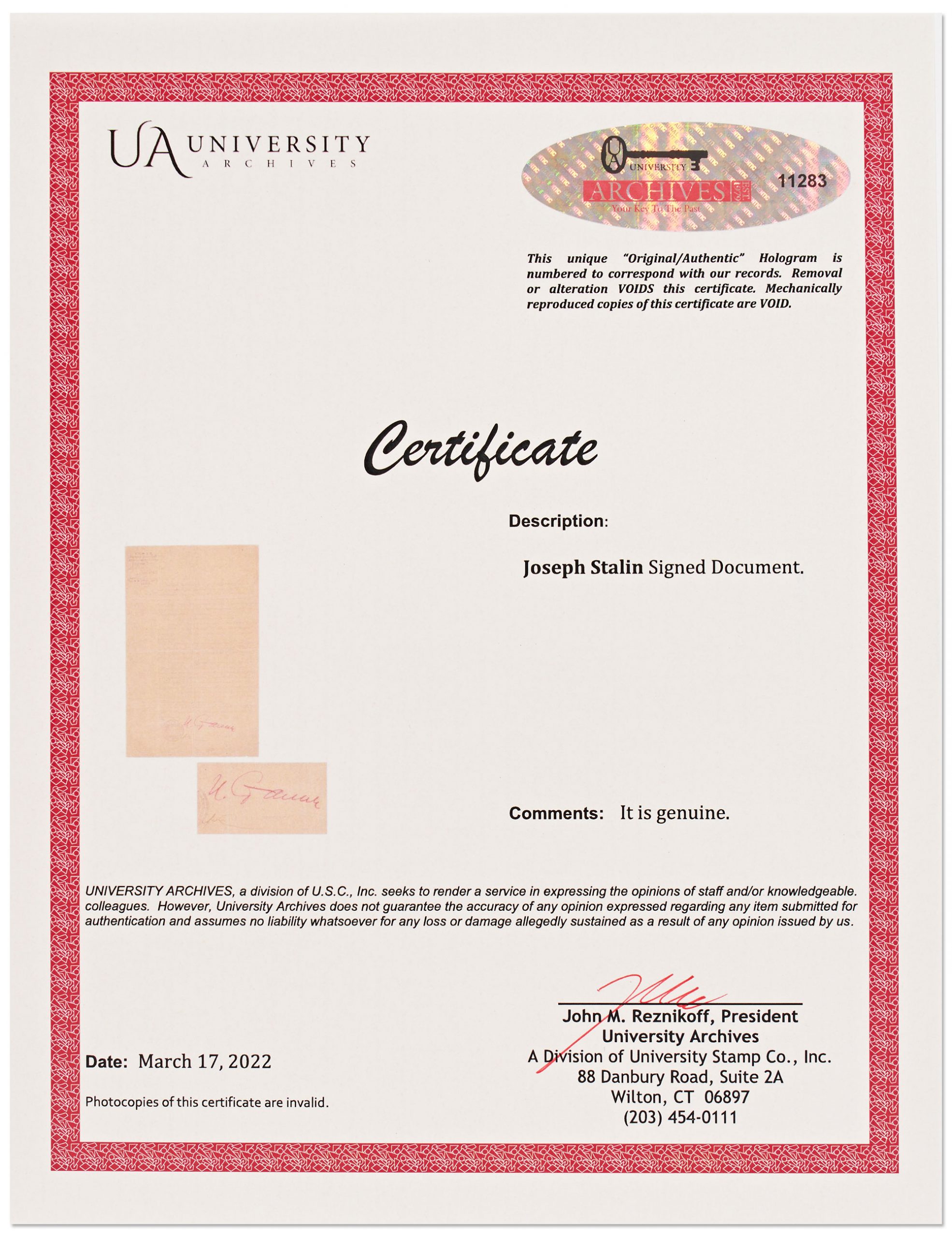 Joseph Stalin Autograph; Joseph Stalin Autograph Sells for $9,625