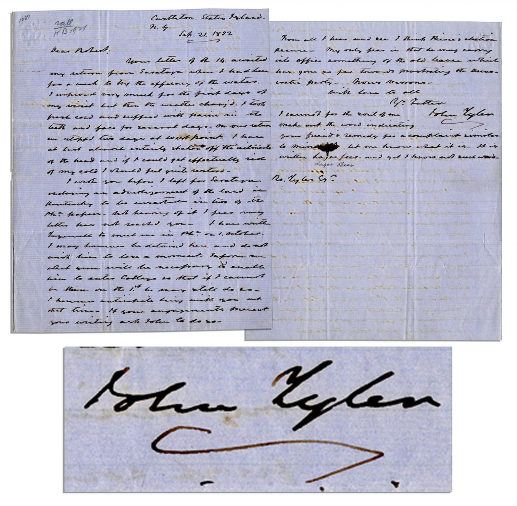 Sell or Auction an Autograph John Tyler Letter Signed at Nate D. Sanders