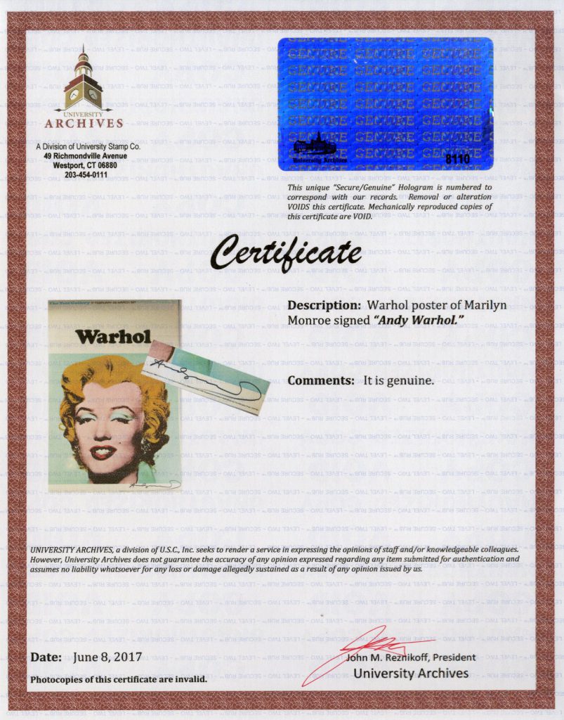 Sell or Auction an Autographed Andy Warhol Marilyn Monroe Signed Poster