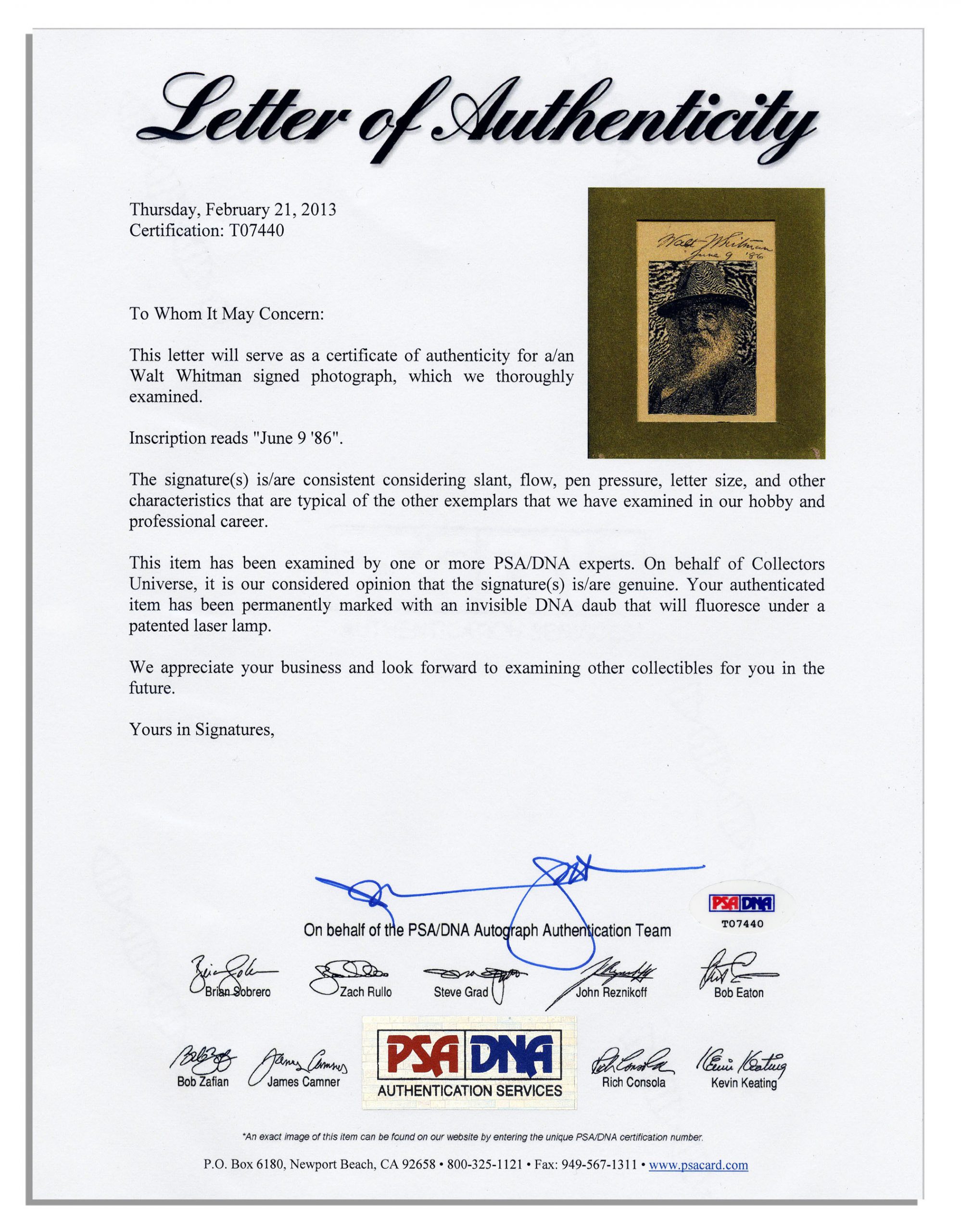 Sell or Auction Your Original Autographed Walt Whitman Signed Engraving