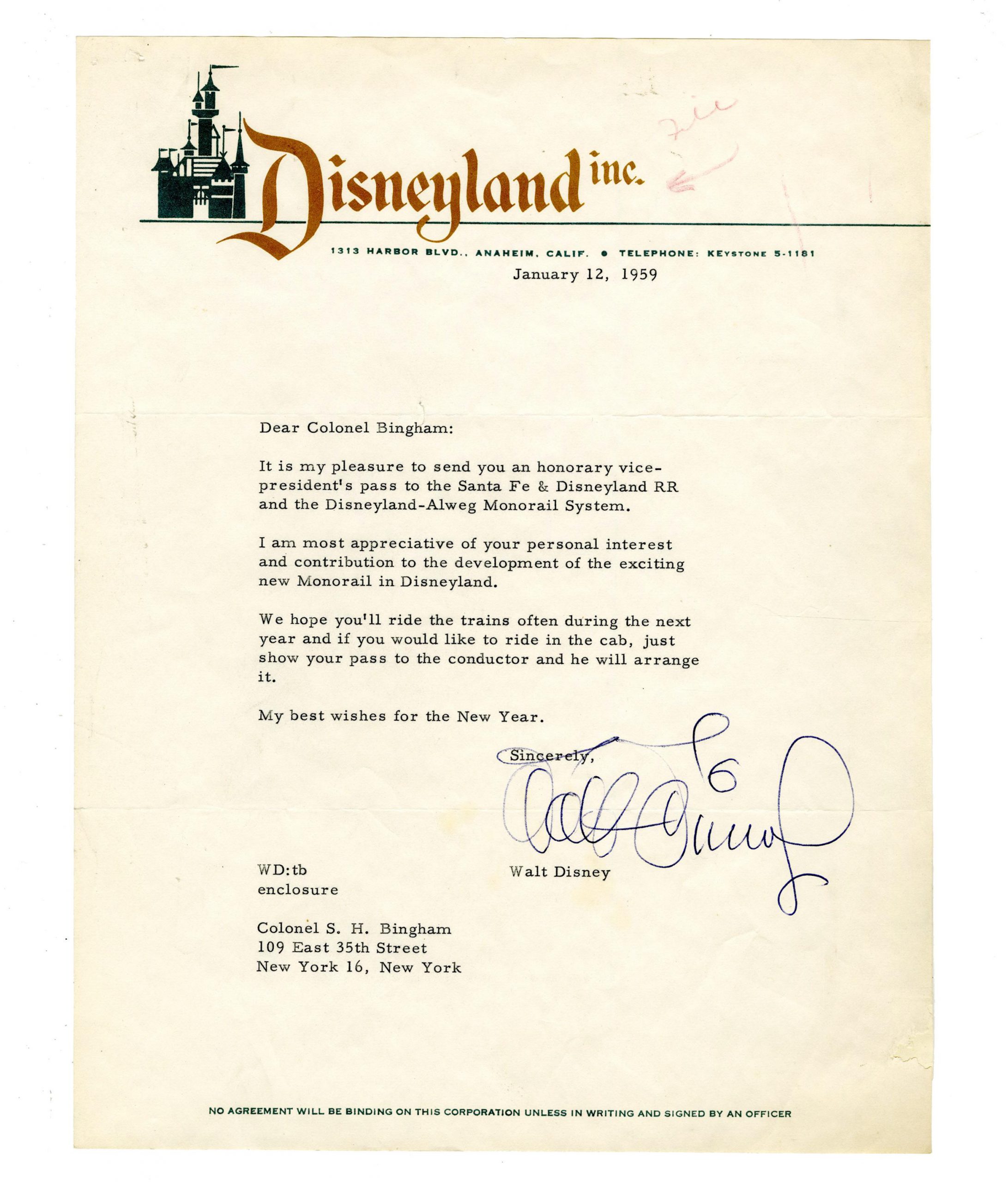 Sell or Auction a Walt Disney Disneyland Stationery Letter Signed